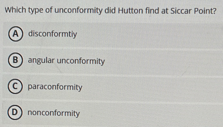 Solved: Which type of unconformity did Hutton find at Siccar Point ...