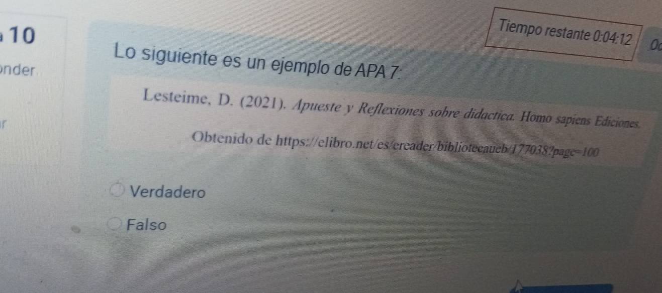 Resuelto:Tiempo restante 0:04:12 O Lo siguiente es un ejemplo de APA 7 ...