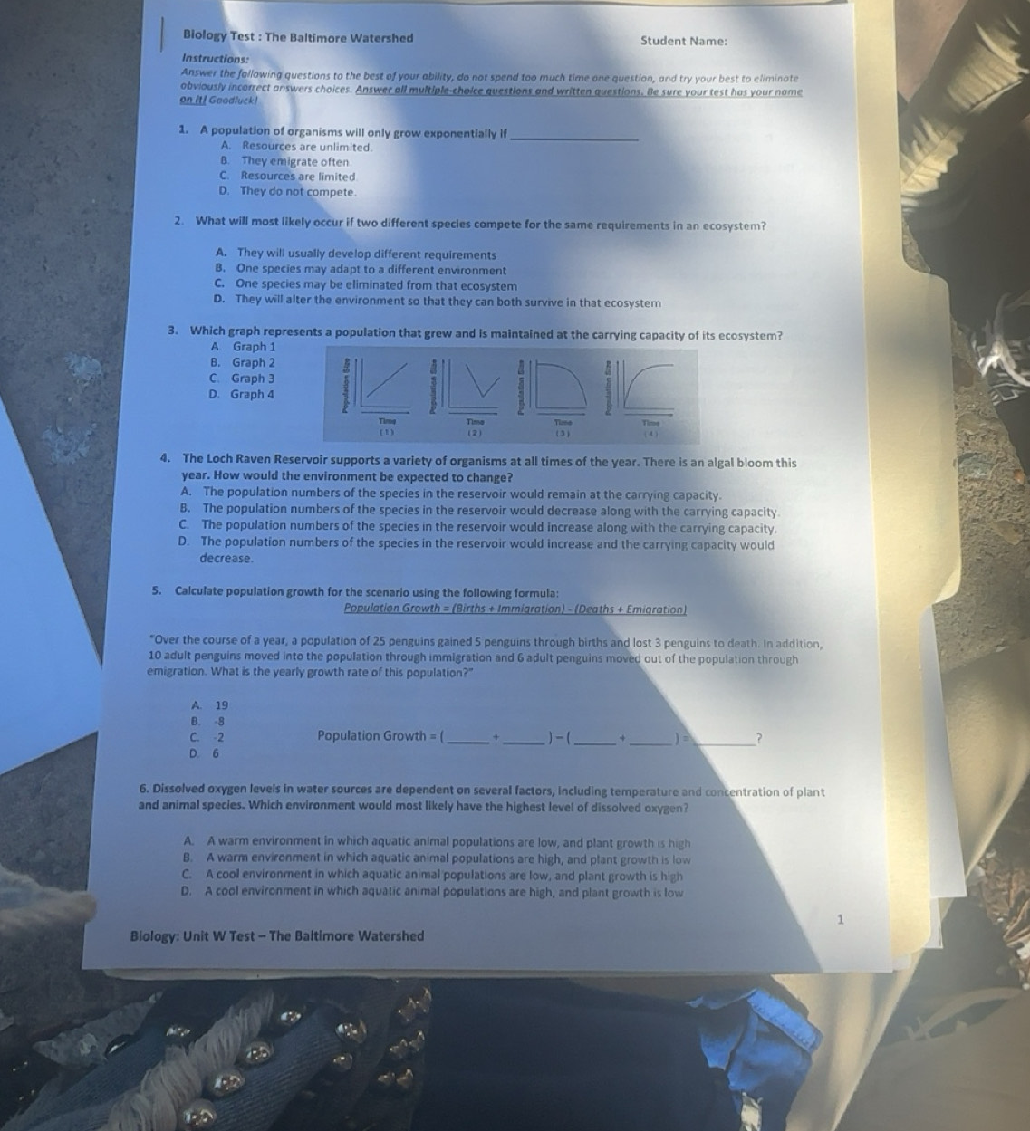 Solved: Biology Test : The Baltimore Watershed Student Name ...