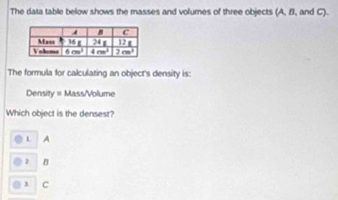 Solved: The data table below shows the masses and volumes of three objects (A, B, and C). The ...