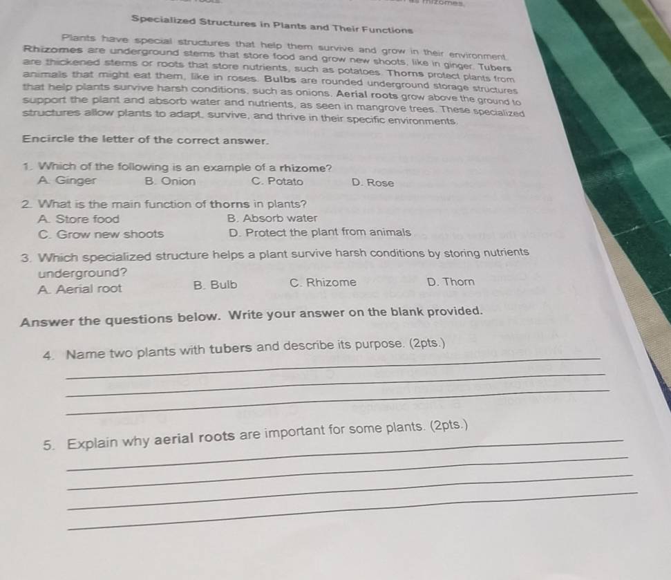 Solved: 126mes Specialized Structures in Plants and Their Functions ...