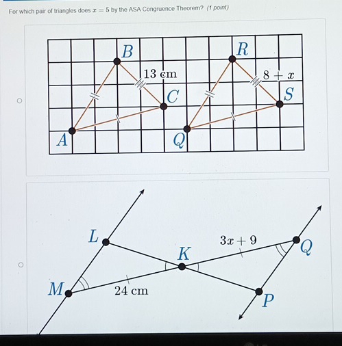 Solved: For which pair of triangles does x=5 by the ASA Congruence ...