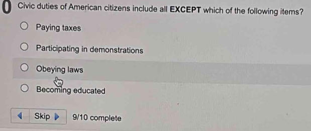 Solved: Civic duties of American citizens include all EXCEPT which of ...