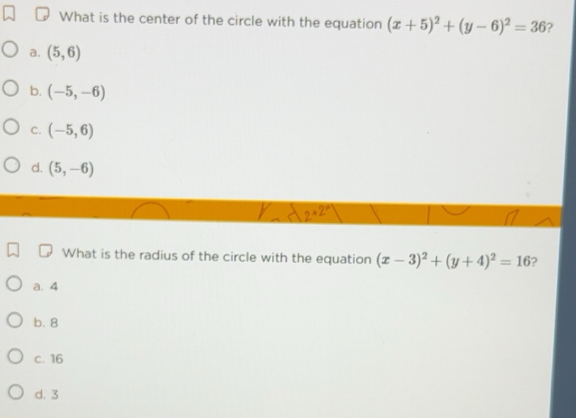 Solved: What is the center of the circle with the equation (x+5)^2+(y-6 ...