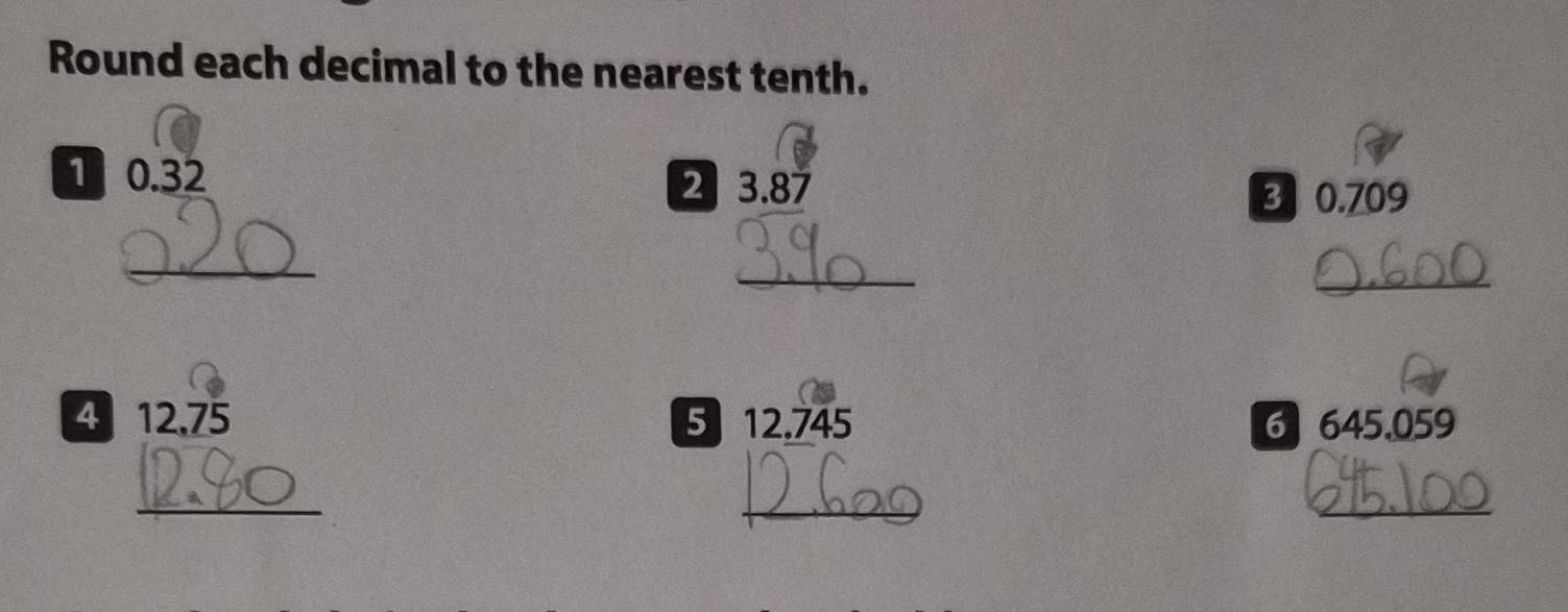 Solved: Round each decimal to the nearest tenth. 1 0.32 23.87 B 0.709 ...