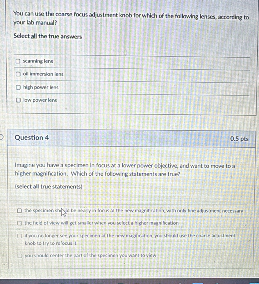 Solved: You can use the coarse focus adjustment knob for which of the following lenses ...