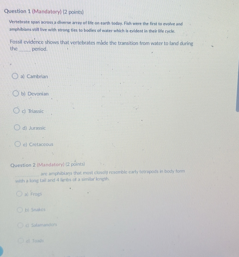 Solved Mandatory 2 Points Vertebrate Span Across A Diverse Array