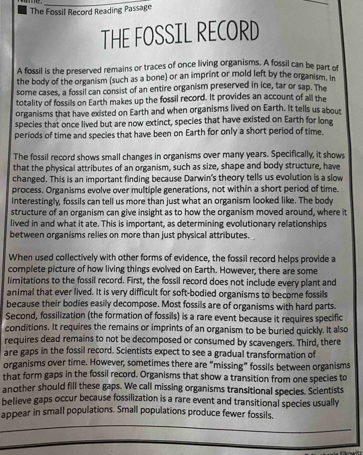 Solved: ame. _ The Fossil Record Reading Passage THE FOSSIL RECORD A ...