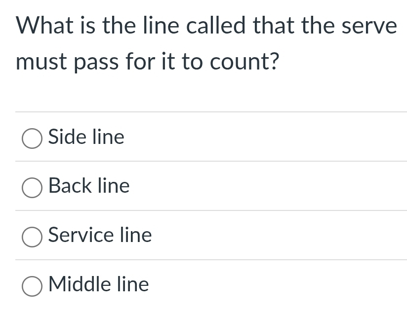 Solved: What is the line called that the serve must pass for it to ...