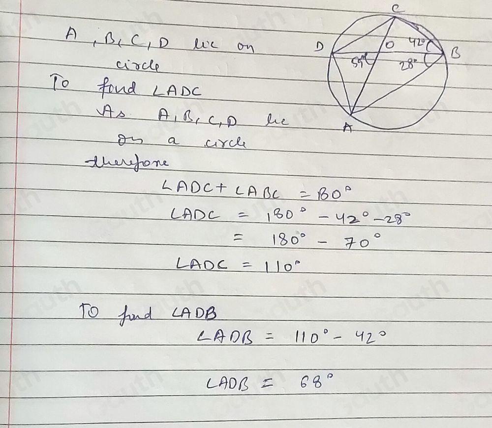 Solved: NOTTO SCALE A, B, C and D lie on the circle. Find (a)angle ADC, (b) angleADB [Math]