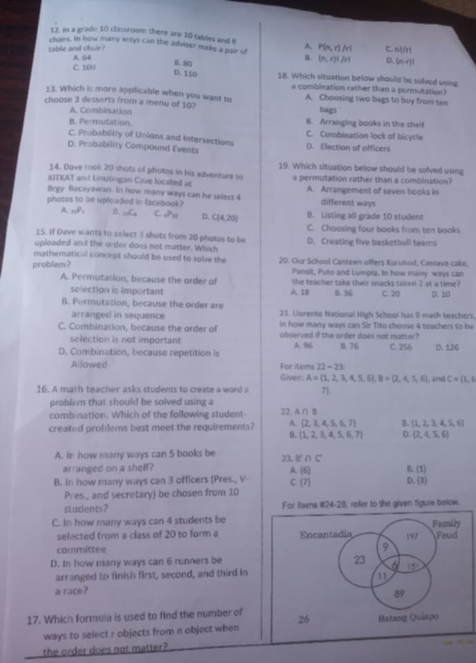 Solved: In a grade 10 classroom there are 10 tables and A. table and chair? P(n,r)/r! C. n!/n ...