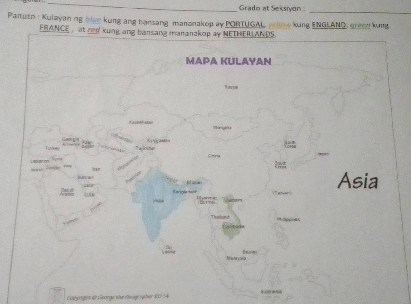Solved: Grado at Seksiyon : Panuto : Kulayan ng blue kung ang bansang ...