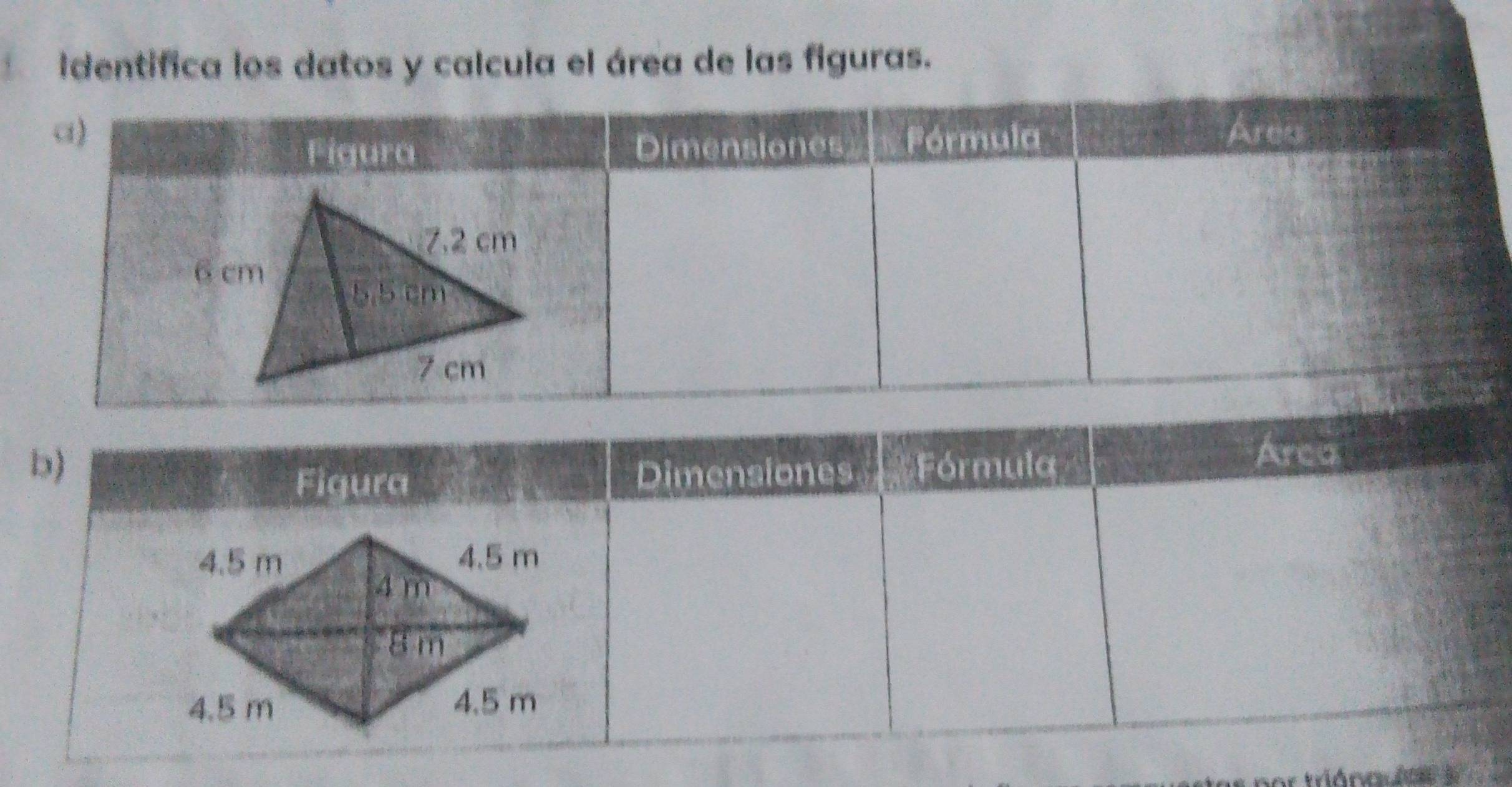 Resuelto:identifica los datos y calcula el área de las figuras.