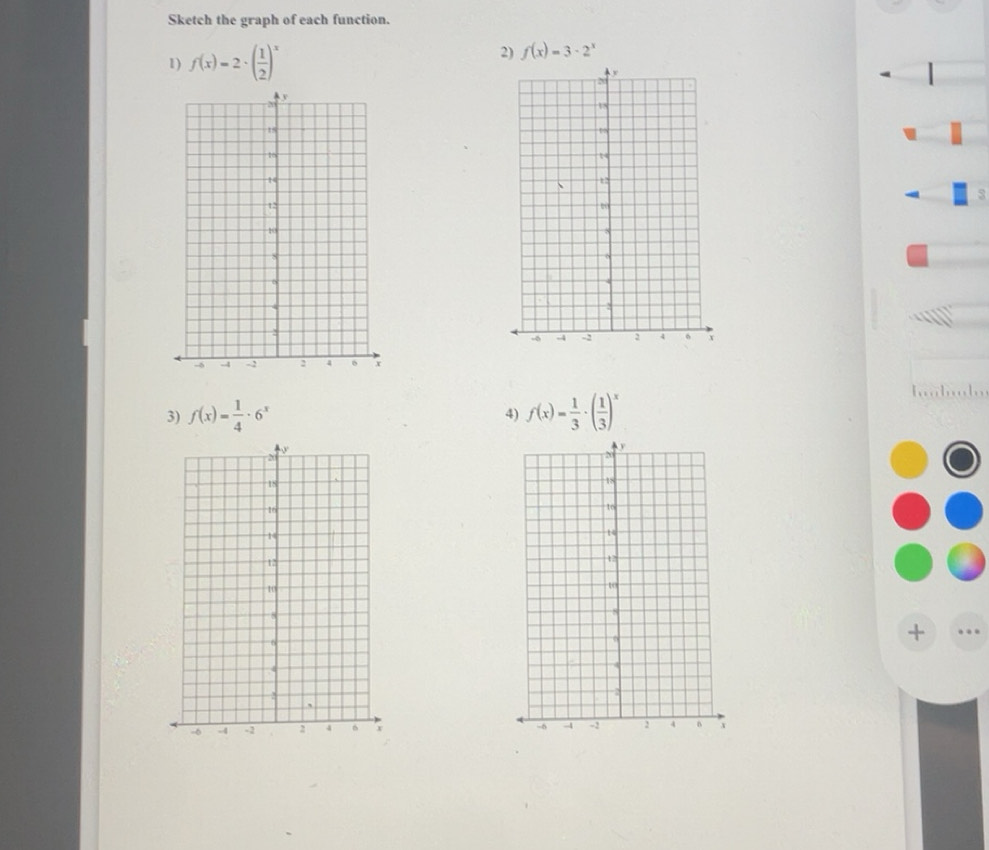 Solved: Sketch the graph of each function. 1) f(x)=2· ( 1/2 )^x 2) f(x ...