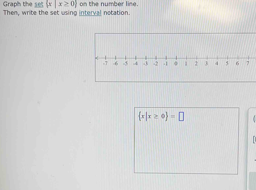 Solved: Graph the set x|x≥ 0 on the number line. Then, write the set ...