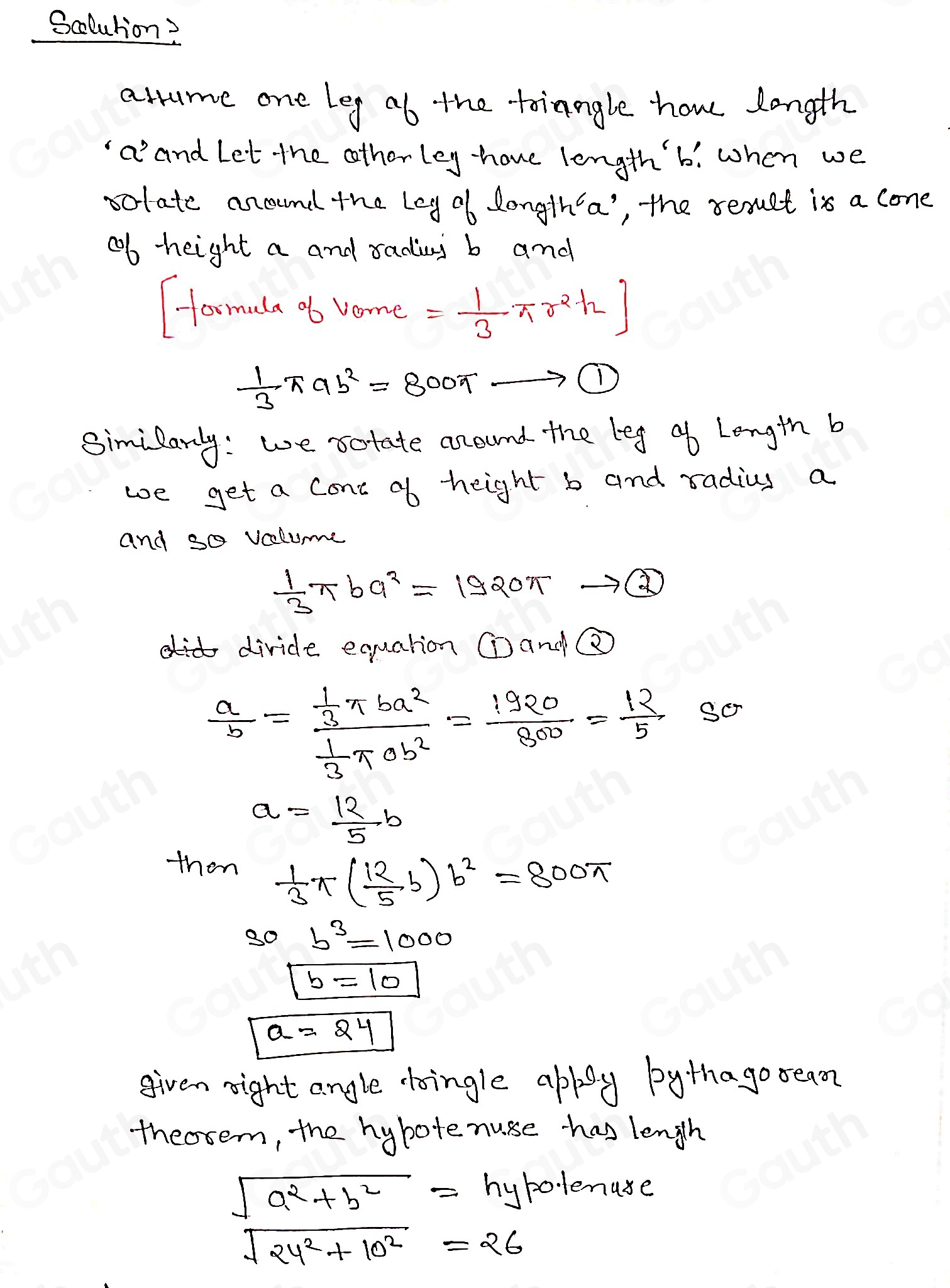 Solved: When a right triangle is rotated about one leg, the volume of ...