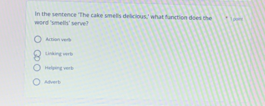Solved: In the sentence 'The cake smells delicious,' what function does ...