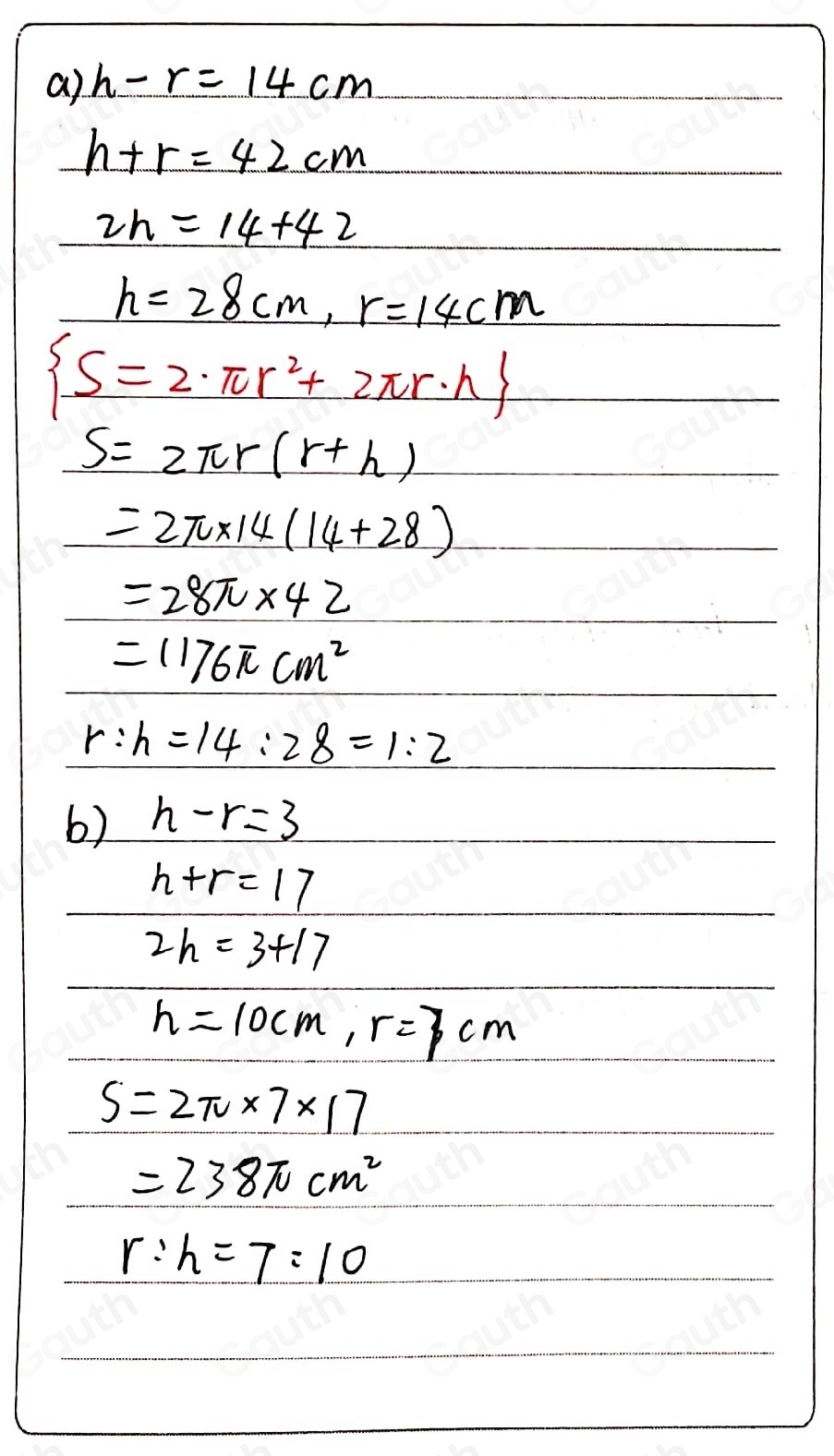 Solved: curved surface area 308 cm^2 and the sum of radius and height ...