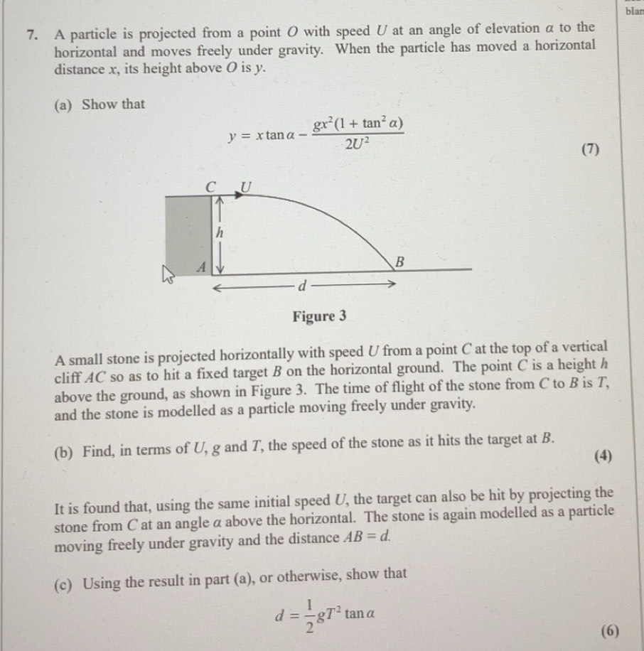Solved: blar 7. A particle is projected from a point O with speed U at ...