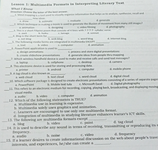 Solved: Lesson 1: Multimedia Formats in Interpreting Literary Text What ...
