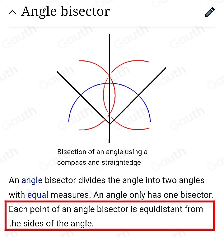 Solved: Which of these is true of any point on the bisector of angle ...