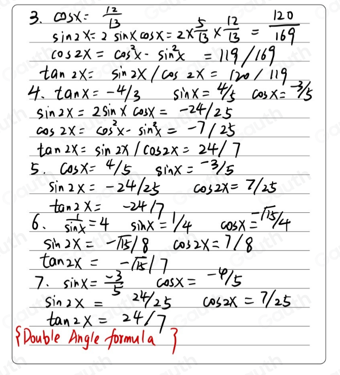 Solved: 3-10 - Double Angle Formulas Find sin 2x, cos 2x , and tan 2x from the given information ...