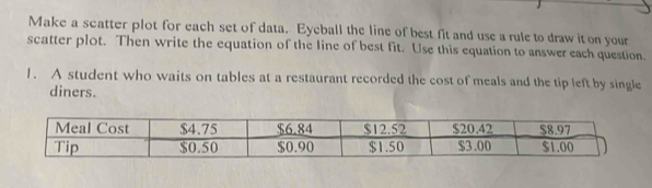 Solved: Make a scatter plot for each set of data. Eyeball the line of ...
