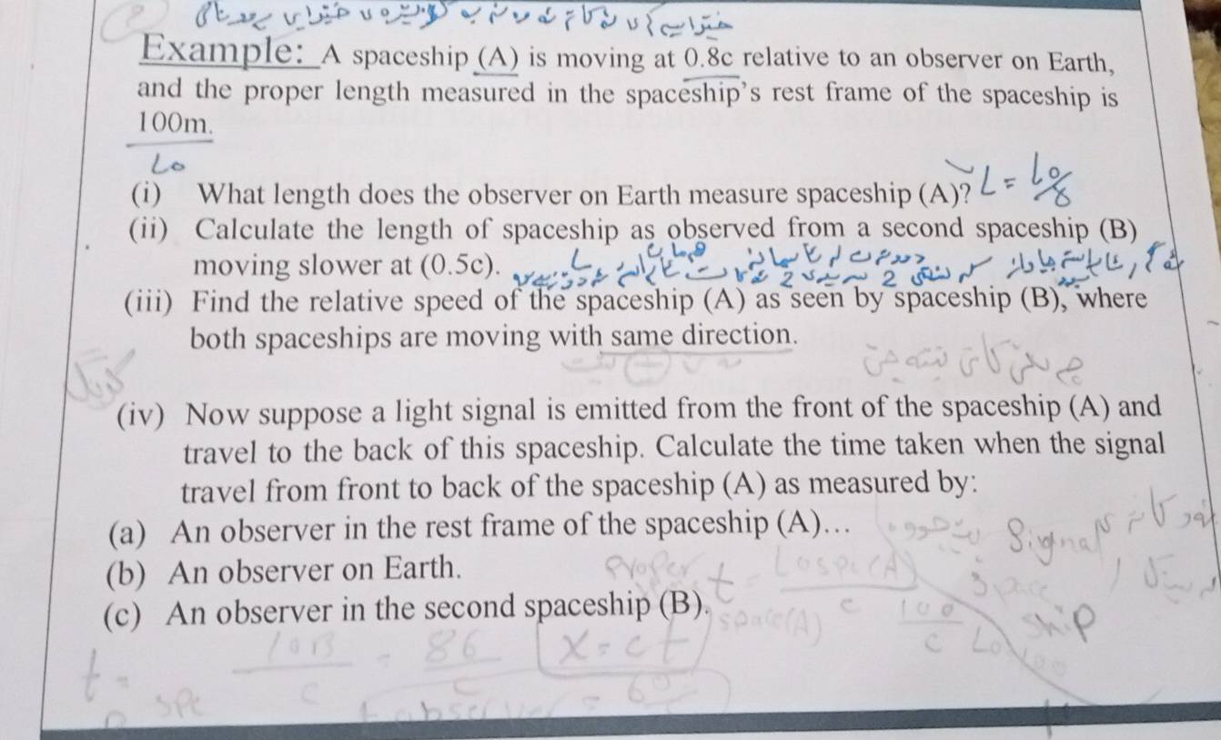 Solved: Example: A spaceship (A) is moving at 0.8c relative to an ...