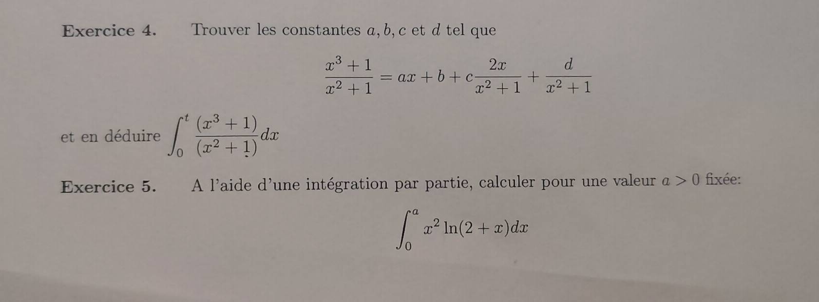 Résolu :Trouver les constantes a, b, c et d tel que (x^3+1)/x^2+1 =ax+b ...