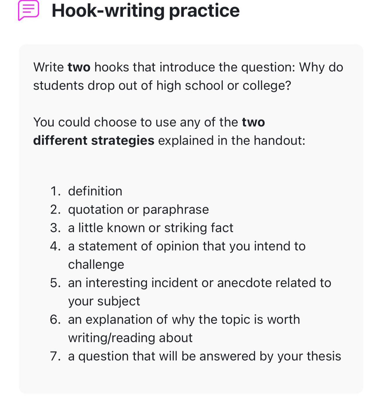 Solved: Hook-writing practice Write two hooks that introduce the ...