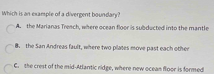 Solved: Which is an example of a divergent boundary? A. the Marianas ...