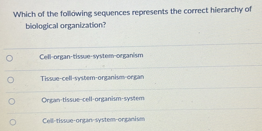 Solved: Which of the following sequences represents the correct hierarchy of biological ...