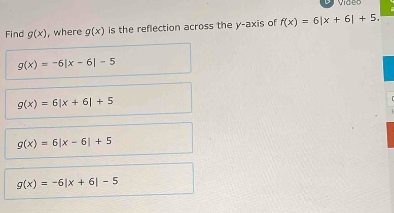 Solved: Video Find g(x) , where g(x) is the reflection across the y-axis of f(x)=6|x+6|+5. g(x ...