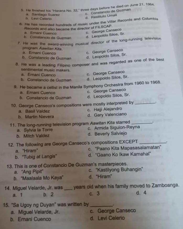Solved: He finished his “Harana No. 32," three days before he died on ...