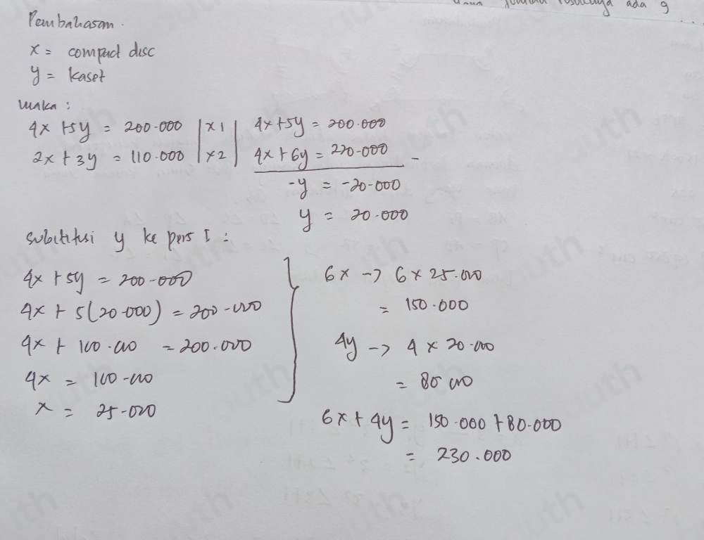 Telah dijawab:Harga 4 buah compact disc dan 5 buah kaset Rp. 200.000,00, sedangkan harga 2 buah ...