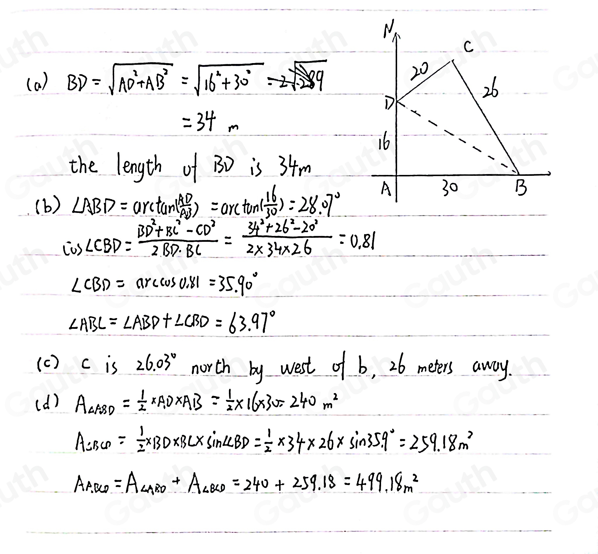 Solved: The diagram shows a plot of land ABCD where B is due east of A ...