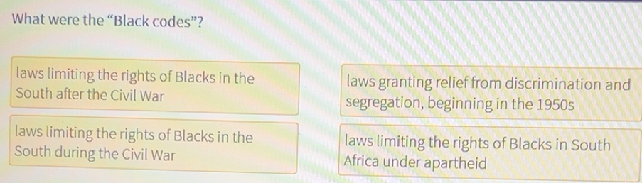 Solved: What were the “Black codes”? laws limiting the rights of Blacks ...