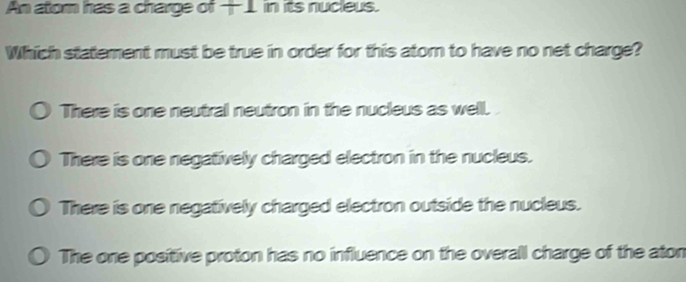 Solved: An atom has a charge of - 1 in its nucleus. Which statement ...