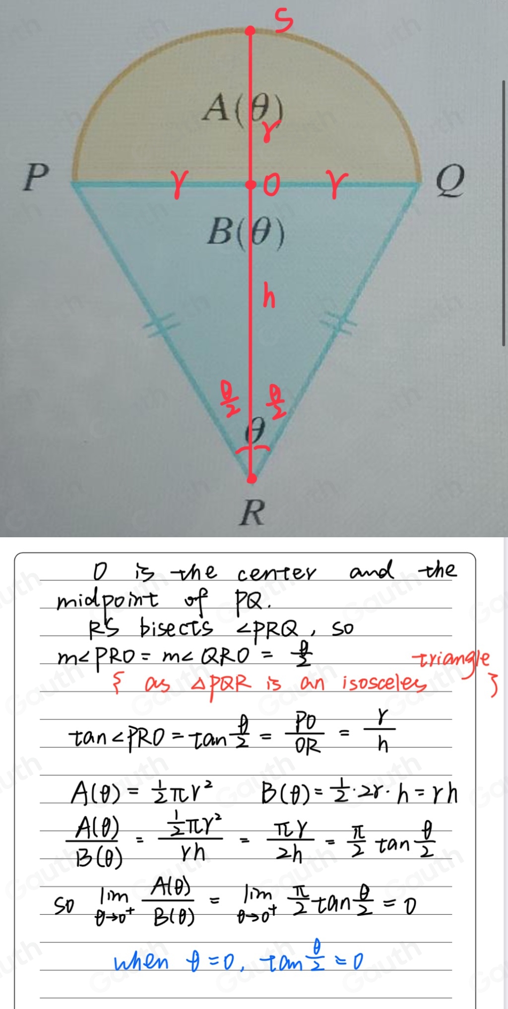 Solved: A semicircle with diameter PQ sits on an isosceles triangle PQR to form a region shaped ...