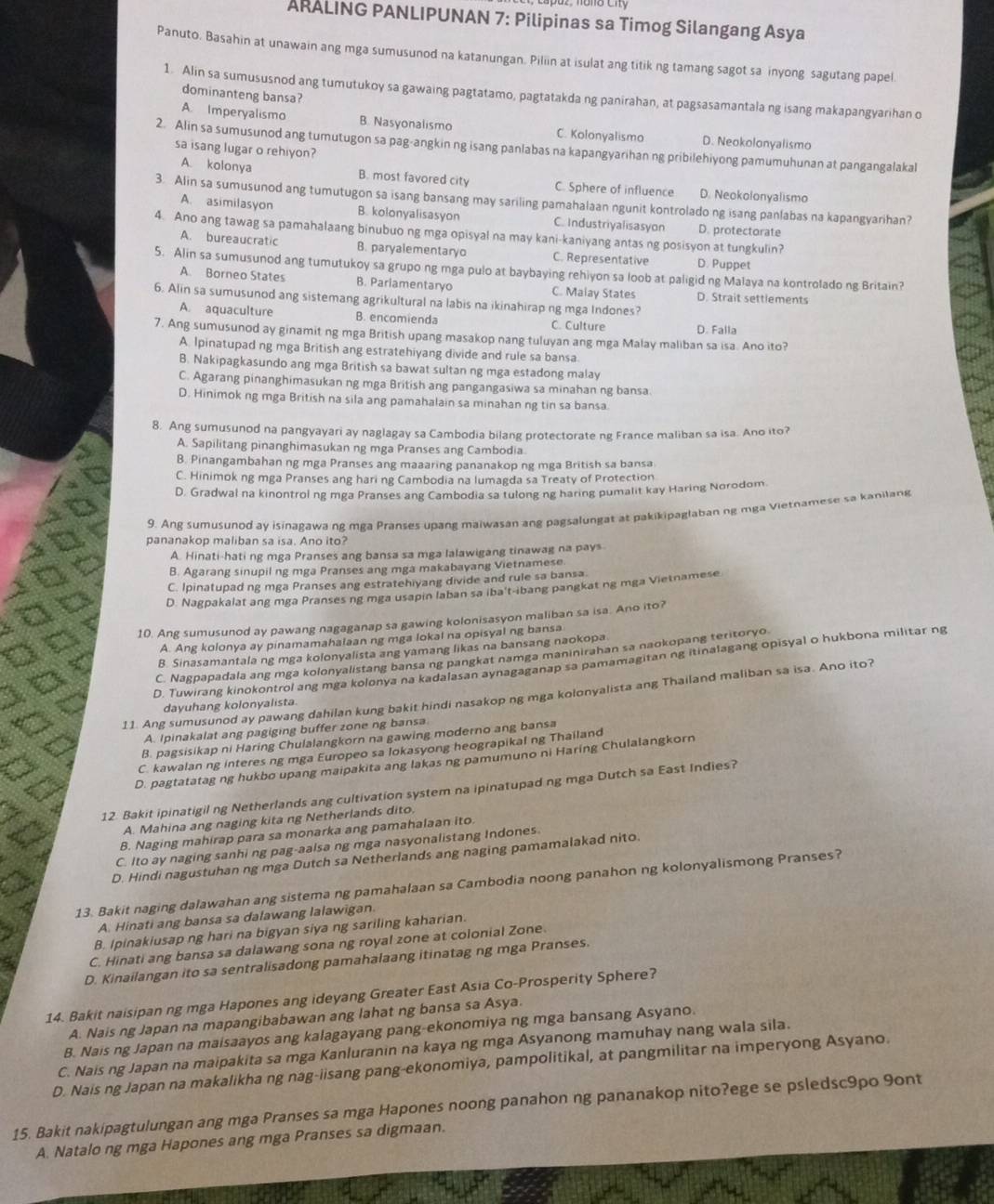 Solved: ARALING PANLIPUNAN 7: Pilipinas sa Timog Silangang Asya Panuto ...