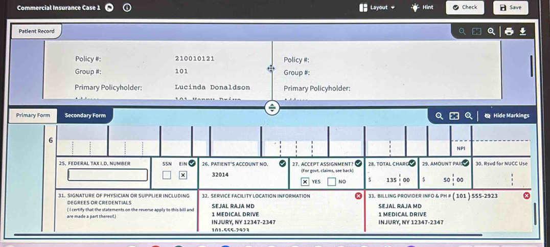 Solved: Commercial Insurance Case 1 Layout Hint Check Save Patient ...