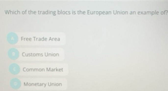 Solved: Which of the trading blocs is the European Union an example of ...