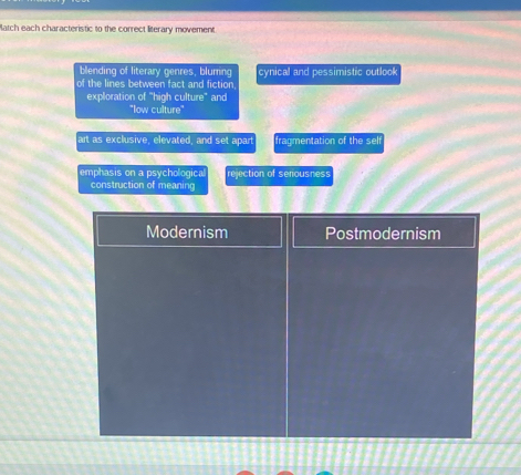 Solved: Match each characteristic to the correct literary movement ...