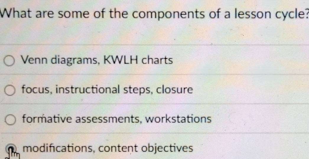 Solved: What are some of the components of a lesson cycle? Venn ...