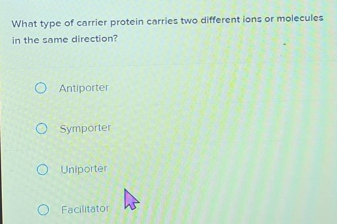 Solved: What type of carrier protein carries two different ions or ...