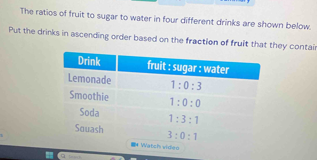 Solved: The ratios of fruit to sugar to water in four different drinks ...