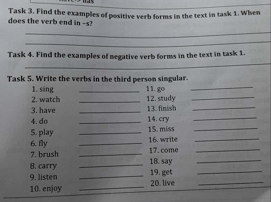 Giải quyết:has Task 3. Find the examples of positive verb forms in the ...