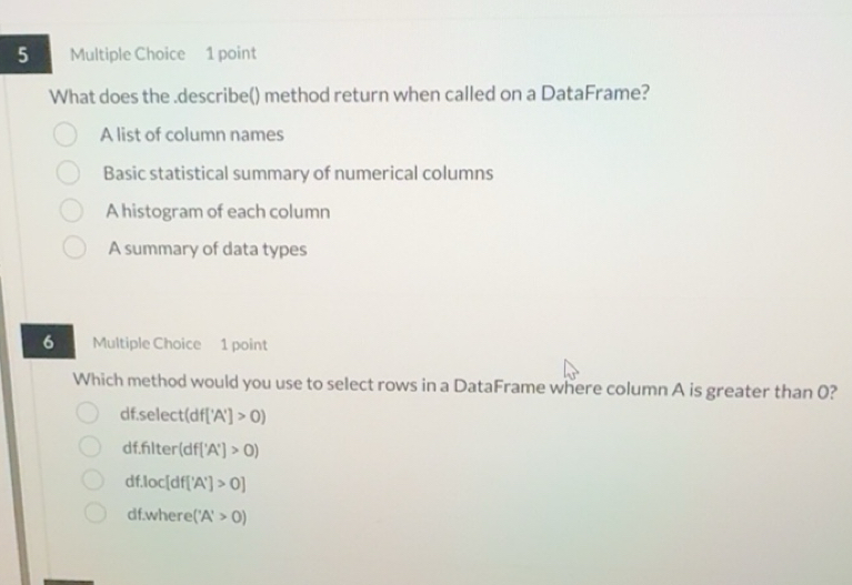 Solved: What does the .describe() method return when called on a ...