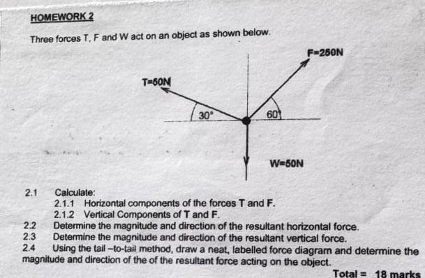 Gelöst:HOMEWORK 2 Three forces T, F and W act on an object as shown ...