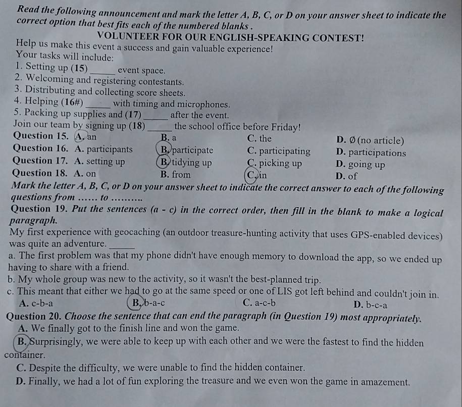 Giải quyết:Read the following announcement and mark the letter A, B, C ...